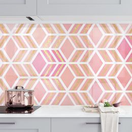 Bilderwelten K&uuml;chenr&uuml;ckwand selbstklebend rosa Illustration Aquarell - Take the Cake Gold und Rose II - Geometrisch Spritzschutz nach Ma&szlig;