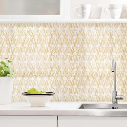 Bilderwelten K&uuml;chenr&uuml;ckwand selbstklebend gelb Vintage - Vintage Muster Filigrane Pflanzen II - Geometrisch Spritzschutz nach Ma&szlig;