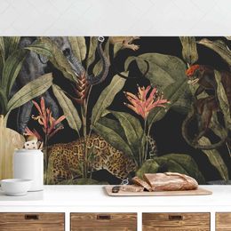 Bilderwelten K&uuml;chenr&uuml;ckwand selbstklebend gr&uuml;n Tiere Illustration - Tropische Nacht mit Leopard - Elefant Spritzschutz nach Ma&szlig;