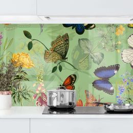 Bilderwelten K&uuml;chenr&uuml;ckwand selbstklebend bunt Tiere modern - Schmetterlinge mit Blumen auf Gr&uuml;n - Schmetterlinge Spritzschutz nach Ma&szlig;