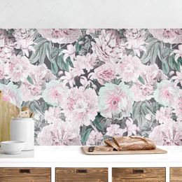 K&uuml;chenr&uuml;ckwand Folie Nostalgische Pfingstrosen in Pastell Rosa II - Spritzschutz Folie nach Ma&szlig; Blumen Floral Landhausstil Muster Vintage K&uuml;che Rosa