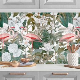 K&uuml;chenr&uuml;ckwand Folie Rosa Flamingos mit Bl&auml;ttern und wei&szlig;en Blumen II - Spritzschutz Folie nach Ma&szlig; Botanik Tropical Muster Tiere K&uuml;che Gr&uuml;n