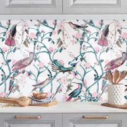 Bilderwelten K&uuml;chenr&uuml;ckwand selbstklebend blau Tiere Landhaus - Rosa Blumenranken mit V&ouml;geln in Blau II - V&ouml;gel Spritzschutz nach Ma&szlig;