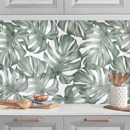 Bilderwelten K&uuml;chenr&uuml;ckwand selbstklebend gr&uuml;n Tropisch Aquarell - Aquarell Monstera Bl&auml;tter in Gr&uuml;n II - Pflanzen Spritzschutz nach Ma&szlig;