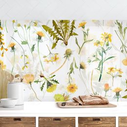 K&uuml;chenr&uuml;ckwand Folie Gelbe Wildblumen - Spritzschutz Folie nach Ma&szlig; Aquarell Muster K&uuml;che Gr&uuml;n