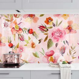 K&uuml;chenr&uuml;ckwand Folie Aquarellierte Blumen auf Rosa - Spritzschutz Folie nach Ma&szlig; Aquarell Illustration Muster K&uuml;che Rosa