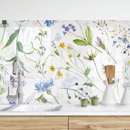 K&uuml;chenr&uuml;ckwand Folie Blumenwiese als Aquarell - Spritzschutz Folie nach Ma&szlig; Aquarell Muster K&uuml;che Gr&uuml;n