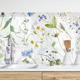 Bilderwelten K&uuml;chenr&uuml;ckwand selbstklebend gr&uuml;n modern Aquarell - Blumenwiese als Aquarell - Wandfolie Spritzschutz nach Ma&szlig;