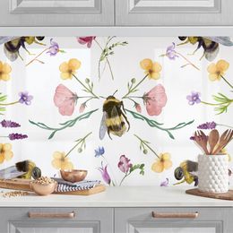 Bilderwelten K&uuml;chenr&uuml;ckwand selbstklebend gelb Tiere modern - Bienen mit Blumen - Insekten Spritzschutz nach Ma&szlig;