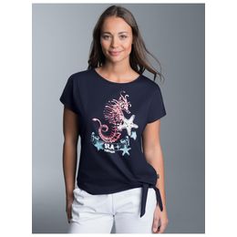 TRIGEMA Damen T-Shirt "TRIGEMA T-Shirt mit Seepferdchen-Printmotiv", blau, Basic, Gr. L, 100% Baumwolle, Shirts