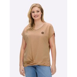 sheego Gro&szlig;e Gr&ouml;&szlig;en Kurzarmshirt Saum in Knoten-Optik, camel, Gr&ouml;&szlig;e 48 - Damen