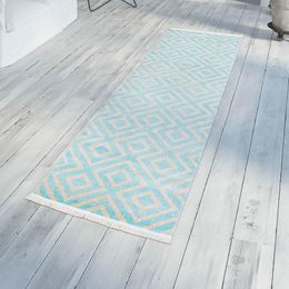 Paco Home L&auml;ufer &raquo;Poco 821&laquo; rechteckig 6 mm H&ouml;he Teppich-L&auml;ufer, Kurzflor, Rauten-Design, mit Fransen, Outdoor geeignet blau/wei&szlig; Obermaterial:...