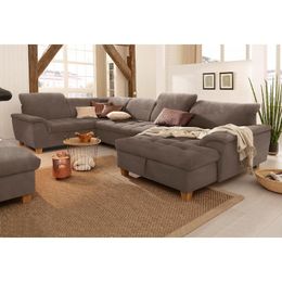 Home Affaire Wohnlandschaft &raquo;Lyla U-Form&laquo; wahlweise mit R&uuml;ckenfunktion und zus&auml;tzlich mit Bett + Bettkasten braun Feinstruktur weich (100% Polyester);