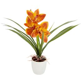 I.GE.A. Kunstblume »Orchidee« Mit Blätter im Topf aus Keramik Künstliche Blume Cymbidium-Orchidee Orange