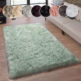 Paco Home Fellteppich &raquo;Playa 960&laquo; rechteckig 64 mm H&ouml;he Kunstfell, Flokati-Optik, Hochflor, weich und flauschig, Uni-Farben mint Obermaterial: 100%...