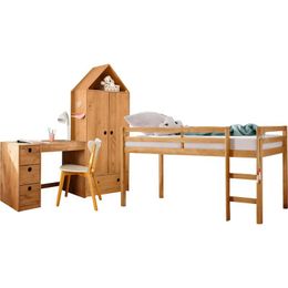 OTTO HOME Jugendzimmer-Set &raquo;Alpi&laquo; Spar-Set, 3 Stk. tlg. Hochbett, Schreibtisch und Kleiderschrank in Hausoptik, platzsparend gebeizt/gewachst