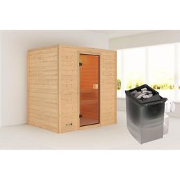 Karibu Sauna »"Sunie" mit bronzierter Tür SET, naturbelassen, mit Ofen 9 kW« aus hochwertiger nordischer Fichte naturbelassen