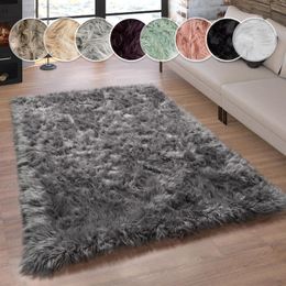 Paco Home Fellteppich &raquo;Playa 960&laquo; rechteckig 64 mm H&ouml;he Kunstfell, Flokati-Optik, Hochflor, weich und flauschig, Uni-Farben anthrazit Obermaterial:...