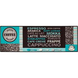 ANDIAMO K&uuml;chenl&auml;ufer &raquo;Cafe Creme&laquo; rechteckig 4 mm H&ouml;he Motiv Kaffee, mit Schriftzug, Gr&ouml;&szlig;e 50x150 cm, K&uuml;che t&uuml;rkis Obermaterial: 100% Polyamid B :...