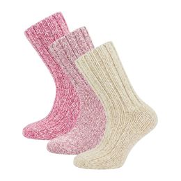 Normani 3 Paar Kinder Norwegersocken mit Schafwolle in Rot/Rosa/Wollwei&szlig; | Gr.: 15-18
