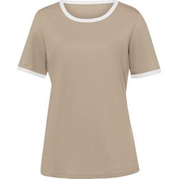 Damen Kurzarmshirt mit Kontrast-Paspeln beige-ecru, Gr&ouml;&szlig;e 40