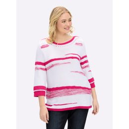 sheego Gro&szlig;e Gr&ouml;&szlig;en 3/4 Arm-Pullover mit Lochmuster, wei&szlig;-pink-gemustert, Gr&ouml;&szlig;e 48 - Damen