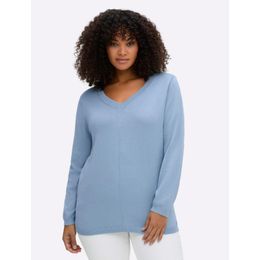 sheego Gro&szlig;e Gr&ouml;&szlig;en V-Ausschnitt-Pullover mit Biesen vorne, eisblau, Gr&ouml;&szlig;e 52 - Damen