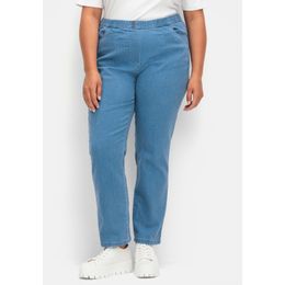 sheego Gro&szlig;e Gr&ouml;&szlig;en Schlupfjeans mit imitierter Rei&szlig;verschluss-Blende, blue-bleached, Gr&ouml;&szlig;e 24 - Damen