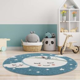 Kinderteppich Carpet City "Anime9383", blau, H:11mm &Oslash;:120cm, Polypropylen (PP), Teppiche, Spielteppich, Sternen-Teppich mit Mond, Weicher Flor, Pflegeleicht, Kinderzimmer