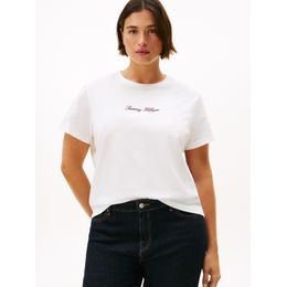 Kurzarmshirt Tommy Hilfiger Curve "CRV CLASSIC SCRIPT REG SS TEE", Damen, Gr. 46, beige (ecru), Single Jersey, Obermaterial: 100% Baumwolle, bedruckt, Rundhals, Shirts, in gro&szlig;en Gr&ouml;&szlig;en