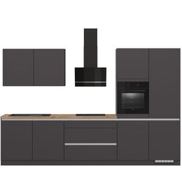 K&uuml;che IMPULS K&Uuml;CHEN ""Dublin", Anti Fingerprint Oberfl&auml;che, Schubk&auml;sten mit Soft-Close", grau (k&uuml;che: grau, korpus: grafitfarben, arbeitsplatte: vintage eiche, nachbildung), B:340cm H:222cm T:60cm, Komplettk&uuml;chen-Sets, K&uuml;chenzeile, vormontiert, wahlweise mit E-Ger&auml;ten, mit Vollauszug, Breite 340 cm