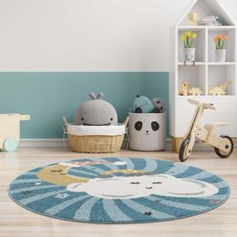 Kinderteppich Carpet City "Anime9380", blau, H:11mm &Oslash;:120cm, Polypropylen (PP), Teppiche, Spielteppich, Teppich Mond, Wolken, Sterne, Weicher Flor