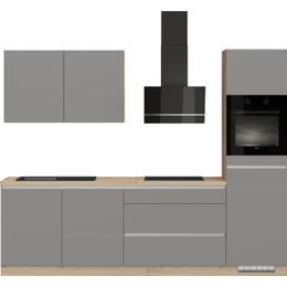 K&uuml;chenzeile IMPULS K&Uuml;CHEN ""Dublin", Anti Fingerprint Oberfl&auml;che, Schubk&auml;sten mit Soft-Close", grau (k&uuml;che: grau, front: schiefergrau, korpus: eiche, nachbildung hell, arbeitsplatte: eiche, nachbildung hell), B:280cm H:222cm T:60cm, Komplettk&uuml;chen-Sets, K&uuml;chenzeile, vormontiert, wahlweise mit E-Ger&auml;ten, mit Vollauszug, Breite 280 cm