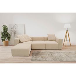 Ecksofa Home Affaire "Gerrid L-Form", beige (creme), B:301cm H:69cm T:193cm, 100% Polyester, Sofas, Ecksofa, Cord-Bezug, Modulsofa, bestehend aus Eck- und Mittelelement + Hocker