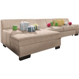 Ecksofa DOMO collection "Norma, elegant & modern, mit flachen Armlehnen, Breite 268cm, L-Form", beige (natur), B:268cm H:74cm T:153cm, NaturLEDER in Sitz und R&uuml;cken. Korpus in passendem Kunstleder SOFTLUX bezogen;Struktur (90% Polyester, 10% Polyacryl);Mosel Struktur (100% Polyester);Kunstleder SOFTLUX;Microfaser-PRIMABELLE (100% Polyester), Sofas, Ecksofa, wahlweise mit Bettfunktion