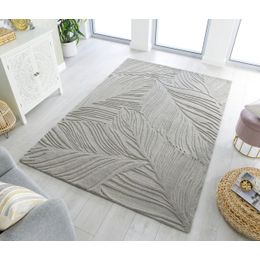 Wollteppich FLAIR RUGS "LINO LEAF", grau, B:160cm H:10mm L:230cm, Wolle, Teppiche, Hoch-Tief Effekt