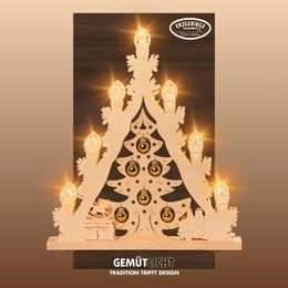 LED Lichterbogen WEIGLA "Weihnachtsbaum mit Kugeln, Made in Germany", beige (natur, goldfarben), B:38cm H:43cm T:4,5cm, Holzwerkstoff, Schwibbögen, Lichterspitze, 7-flammig