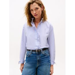 Tommy Hilfiger Damen R&uuml;schenbluse "POPLIN RUFFLE SHIRT"hugh stp, blau, Gr. 42, gestreift, Web, Obermaterial: 100% Baumwolle, Blusen, mit R&uuml;schen