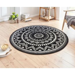 Teppich Hanse Home "Valencia" Gr. 10, schwarz (schwarz, creme), H:9mm Ø:200cm, Kunstfaser, Teppiche, Teppich, Kurzflor, Modern, Vintage, Mandala, Wohnzimmer, Kinderzimmer, Flur
