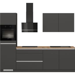 K&uuml;chenzeile IMPULS K&Uuml;CHEN ""Dublin", Anti Fingerprint Oberfl&auml;che, Schubk&auml;sten mit Soft-Close", grau (k&uuml;che: grau, front: grafit, korpus: grafit, arbeitsplatte: vintage eiche, nachbildung), B:280cm H:222cm T:60cm, Komplettk&uuml;chen-Sets, K&uuml;chenzeile, vormontiert, wahlweise mit E-Ger&auml;ten, mit Vollauszug, Breite 280 cm