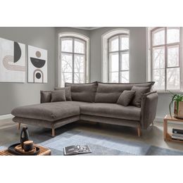 Ecksofa Home Affaire "Lazio modern und bequem, schmale Armlehnen, tolle Detailverarbeitung", grau (grau, braun), B:255cm H:94cm T:180cm, 100% Polyester, Sofas, Ecksofa, zwei verschiedene Fu&szlig;farben w&auml;hlbar