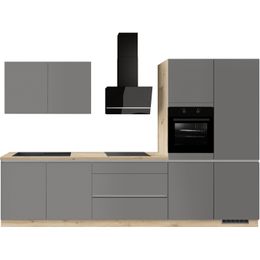 K&uuml;che IMPULS K&Uuml;CHEN ""Dublin", Anti Fingerprint Oberfl&auml;che, Schubk&auml;sten mit Soft-Close", k&uuml;che: grau, arbeitsplatte: eiche nachbildung hell, B:340cm H:222cm T:60cm, Komplettk&uuml;chen-Sets, K&uuml;chenzeile, vormontiert, wahlweise mit E-Ger&auml;ten, mit Vollauszug, Breite 340 cm