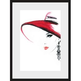 Bild mit Rahmen OTTO HOME "Skizze Frau mit Hut und Ohrring", bunt (farbe rahmen: schwarz, farbe bild(er): schwarz wei&szlig; rot), B:30cm H:40cm, Acrylglas, Holz, Papier, Bilder, HD Premium Poster-Druck inkl. Holzrahmen