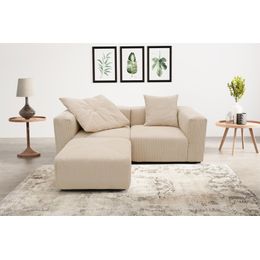 Ecksofa Home Affaire "Gerrid L-Form", beige (creme), B:216cm H:69cm T:193cm, 100% Polyester, Sofas, Ecksofa, Cord, Modulsofa, bestehend aus 2 Eckelementen + 1 Hocker
