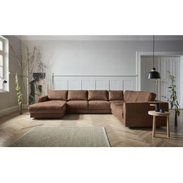 Wohnlandschaft Home Affaire "Hobro U-Form", braun (cognac), B:348cm H:80cm T:270cm, Luxus-Microfaser Lederoptik (100% Polyester;Struktur grob (100% Polyester);Samtoptik (100% Polyester), Sofas, Wohnlandschaft, in 3 Bezugsqualit&auml;ten in vielen Farben, Design by Morten Georgsen
