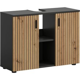 Waschbeckenunterschrank Welltime "MANI, Paneeloptik, 2 offene F&auml;cher, Siphonausschnitt", basalt nachbildung, artisan oak nachbildung, B:80cm H:59cm T:30cm, FSC-zertifizierter Holzwerkstoff, Schr&auml;nke, Waschbeckenunterschrank