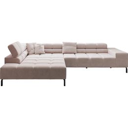 Ecksofa Home Affaire "Ancona New, wahlweise motorische Sitztiefenverstellung, auch in Cord", beige (sand), B:321cm T:216cm, 100% Polyester, Sofas, Ecksofa, feine Steppung, mit Kopfteilverstellung, 3 Zierkissen, L-Form