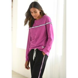 H.I.S. Sweater H.I.S, Damen, Gr. 32/34, lila (beere), Sweatware, Obermaterial: 77% Baumwolle, 20% Polyester, 3% Elasthan, kontrastfarbene Details, unifarben mit Farbeinsatz, Basic, Basic normal, Rundhals, breiter Bund, Sweatshirts Sweater, mit kontrastfarbigem Tape, Loungeanzug