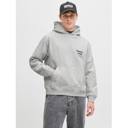 Jack & Jones Kapuzensweatshirt JACK & JONES "JORNORREBRO TYPO BACK SWEAT HOOD SN", Herren, Gr. M, grau (wei&szlig; melange), angeraute Sweatware, Obermaterial: 89% Baumwolle, 11% Polyester, bedruckt, meliert, relaxed fit normal, ohne Ausschnitt, Rippb&uuml;ndchen, Sweatshirts, mit Print