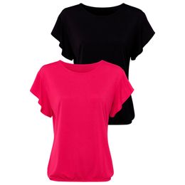 Rundhalsshirt Lascana "mit dekorativen Fl&uuml;gel&auml;rmelchen", Damen, Gr. 32/34, rot (rot, schwarz), Obermaterial: 65% Polyester (REPREVE), 35% Viskose, unifarben, figurumspielend normal, Rundhals, Shirts Rundhalsshirt, aus weicher Viskose-Qualit&auml;t